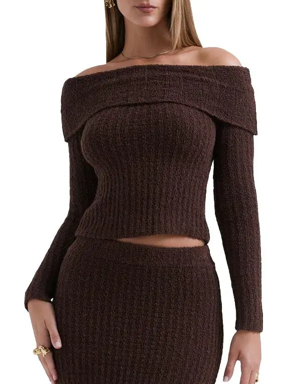 House Of Cb Rib Off-the-shoulder Cropped Sweater - Chocolate Brown
