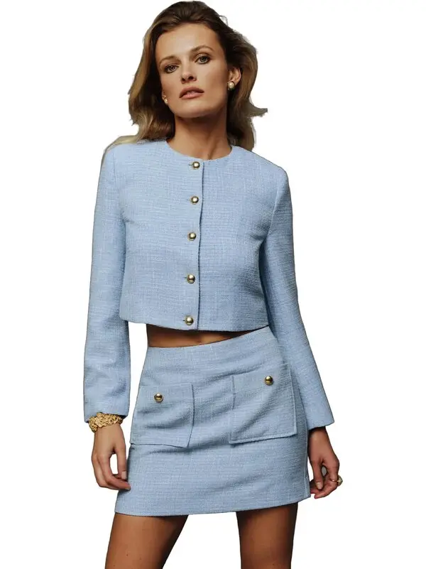REFORMATION Aurelia Tweed Skirt With Gold Embellishments - Blue