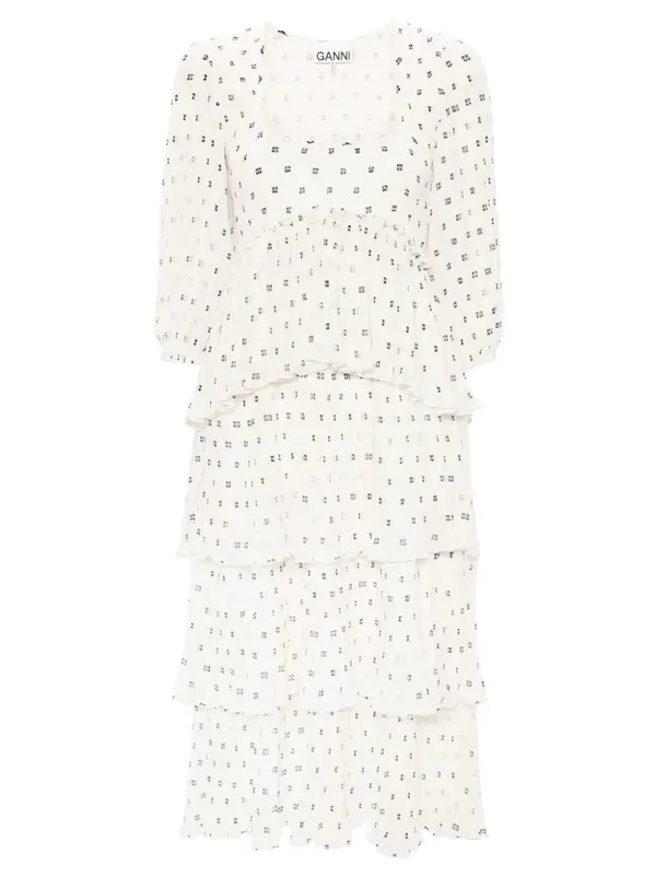 GANNI Monogram-print Pleated Midi Dress - Neutrals