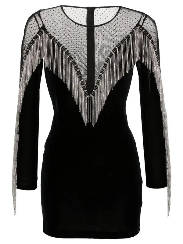 NISSA Fringe-detail Velvet Mini Dress - Black