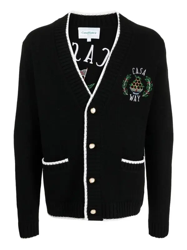 Casablanca Logo-embroidered Merino Wool Cardigan - Black