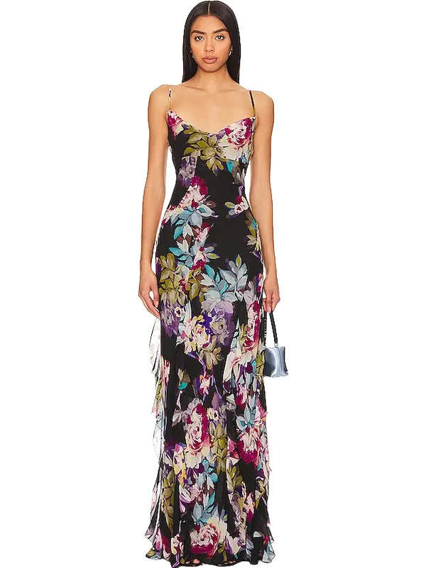 NICHOLAS Kamila Ruffle Cowl Gown - Antique Floral Black