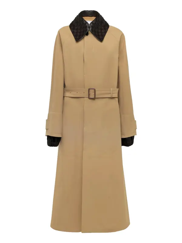 Bottega Veneta Leather Trimmed Cotton Blend Trench Coat - Beige