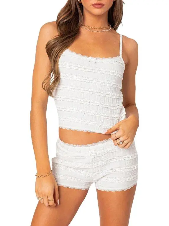 EDIKTED Lucy Ruffled Lace Crop Tank - White
