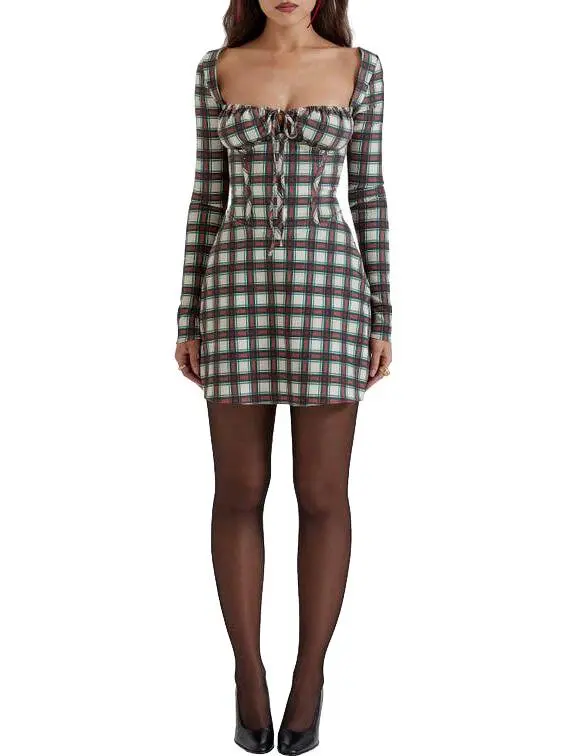 House Of Cb Malika Long Sleeve Mini Dress - Ivory/ Red Tartan Print