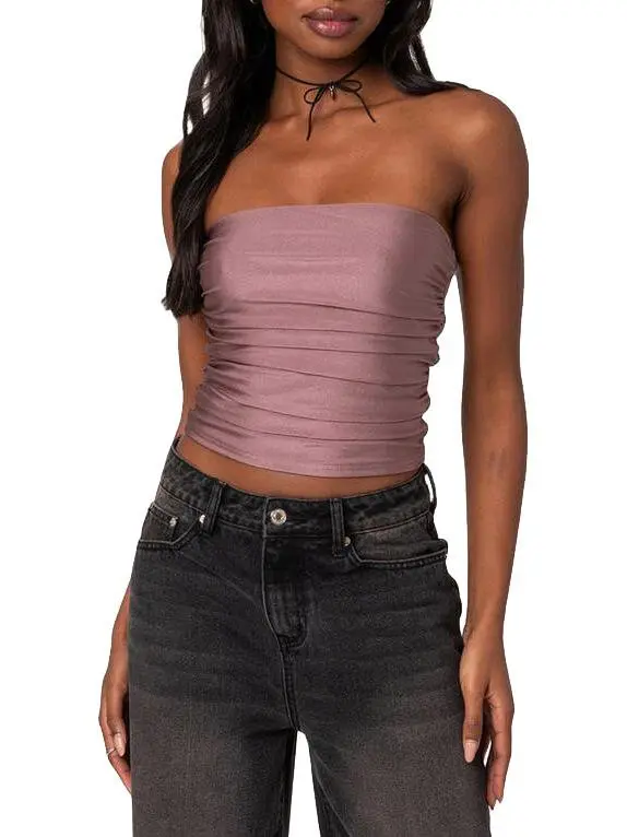 EDIKTED Maxeen Shiny Ruched Tube Top - Mauve