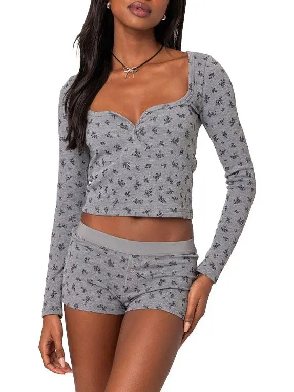 EDIKTED Floral Waffle Stitch Top - Gray Melange