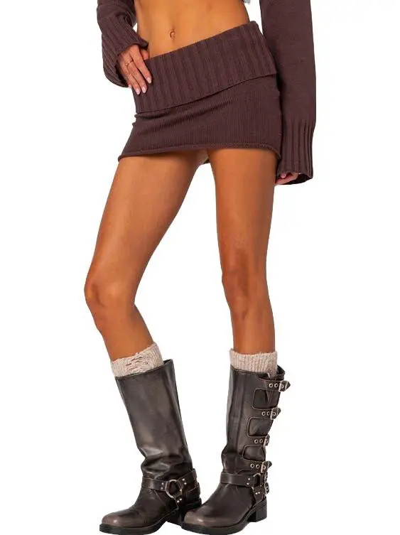 EDIKTED Gino Foldover Knit Mini Skirt - Brown