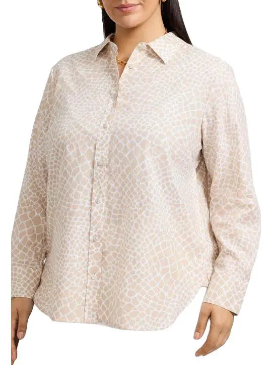 Foxcroft Meghan Giraffe Print Linen Blend Shirt - Flax/ White