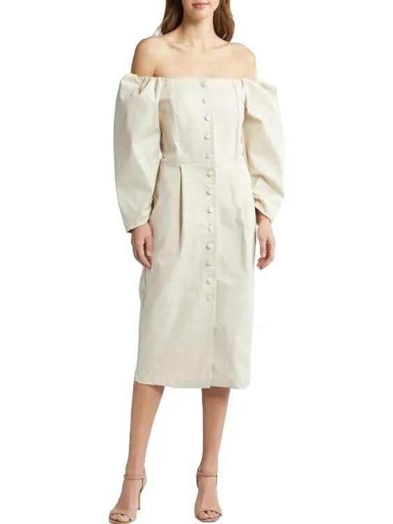 MELLODAY Off-the-shoulder Button-front Midi Dress - Bone