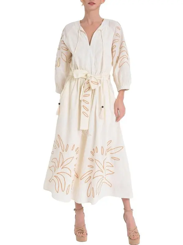 CIEBON Eliza Embroidered A-line Dress - Cream/sand