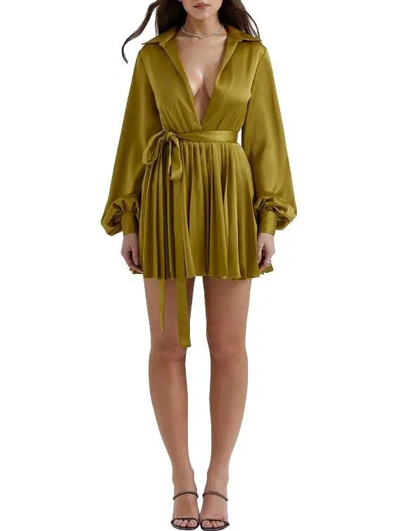 House Of Cb Allegra Long Sleeve Faux Wrap Mini Dress - Chartreuse