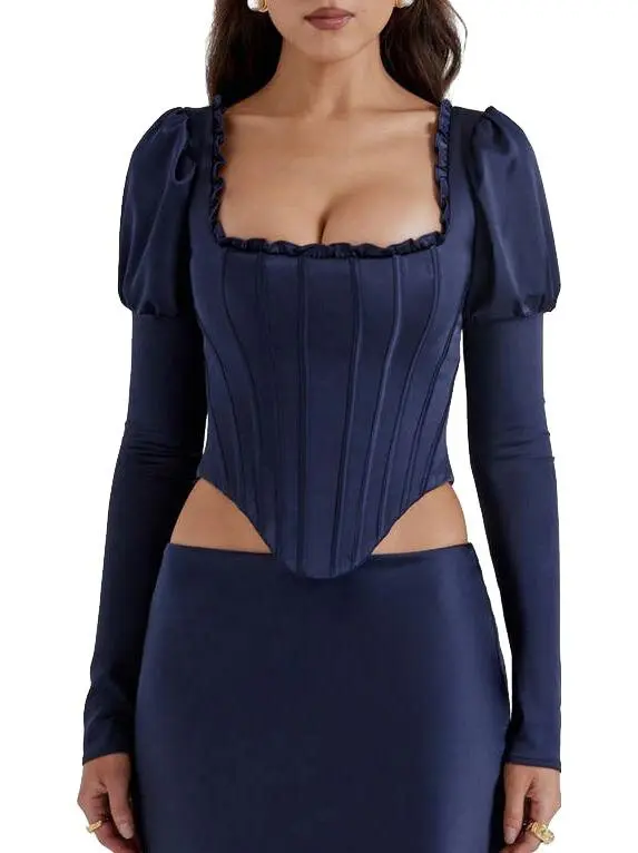 House Of Cb Dana Puff Sleeve Corset Top - Navy
