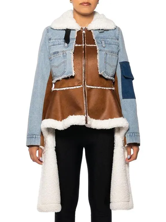 AZALEA WANG Denim & Faux Shearling Trucker Jacket - Brown/blue Multi