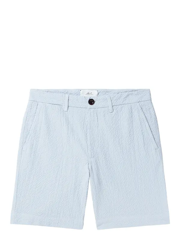 Mr P. Slim-fit Straight-leg Stretch-cotton Seersucker Shorts - Blue