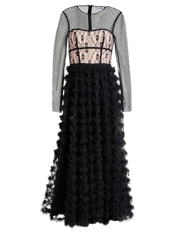 Red Valentino Ruffled Point D'esprit And Lace Midi Dress - Black