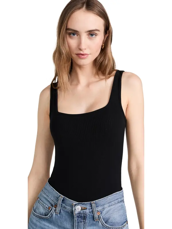 Ambitionist Ribbed Square Neck Bodysuit - Black