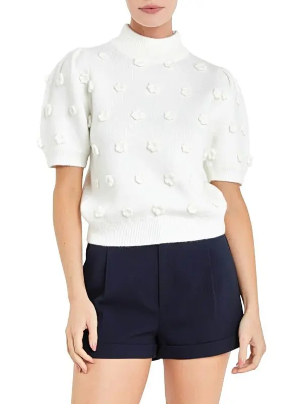 English Factory Flower Pompom Short Sleeve Sweater - White