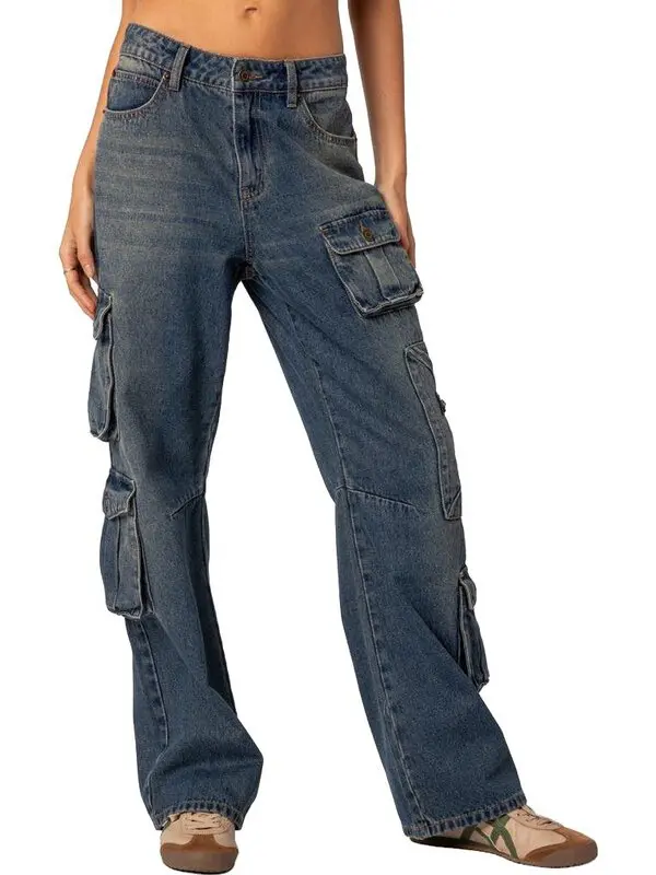 EDIKTED Baggy Boyfriend Cargo Jeans - Blue-washed