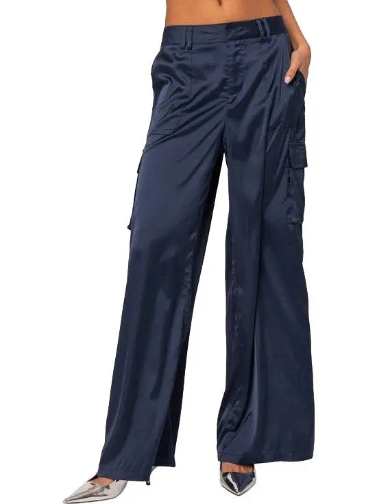EDIKTED Kelsey Baggy Satin Cargo Pants - Navy