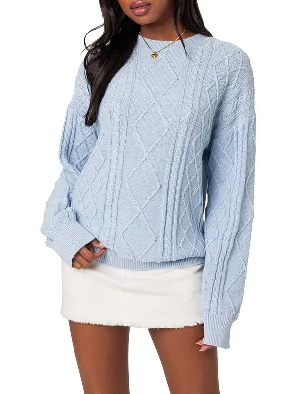 EDIKTED Jessy Cable Stitch Oversized Sweater - Light-blue