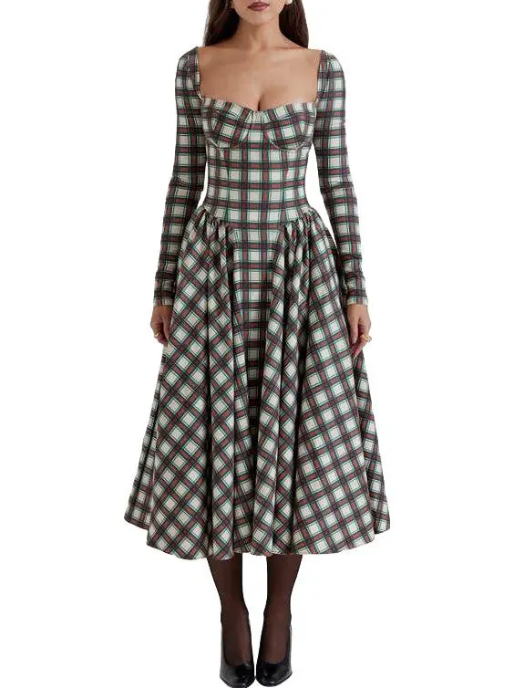 House Of Cb Eliza Tartan Midi Dress - Red Tartan Print