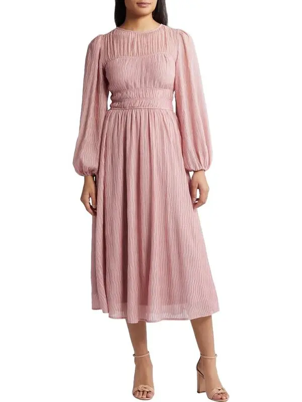 ZOE AND CLAIRE Shirred Long Sleeve Midi Dress - Blush