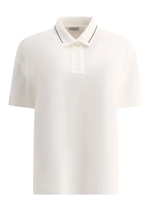 Brunello Cucinelli Piquet Polo Shirt With Monili - White