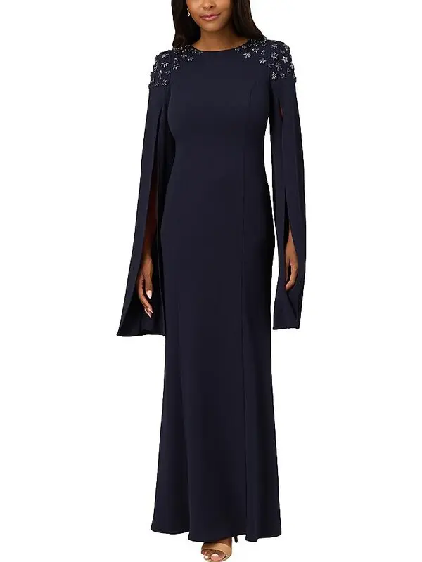 Adrianna Papell Beaded Cape Sleeve Gown - Midnight