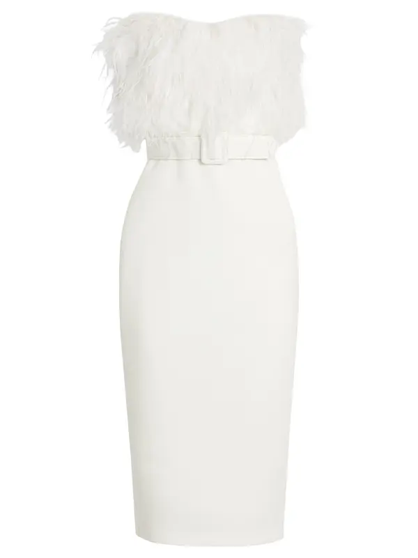 Badgley Mischka Strapless Feather-embellished Scuba Midi Dress - Ivory