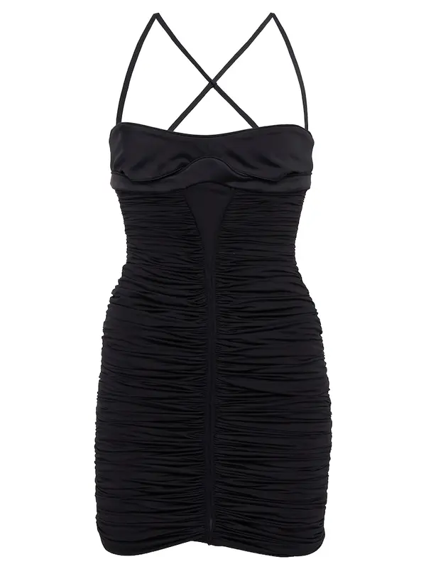 MUGLER Crossover Ruched Mini Dress - Black