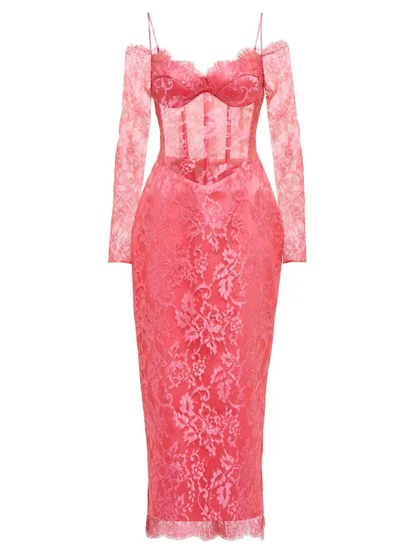 RASARIO Corset Lace Midi Dress - Pink