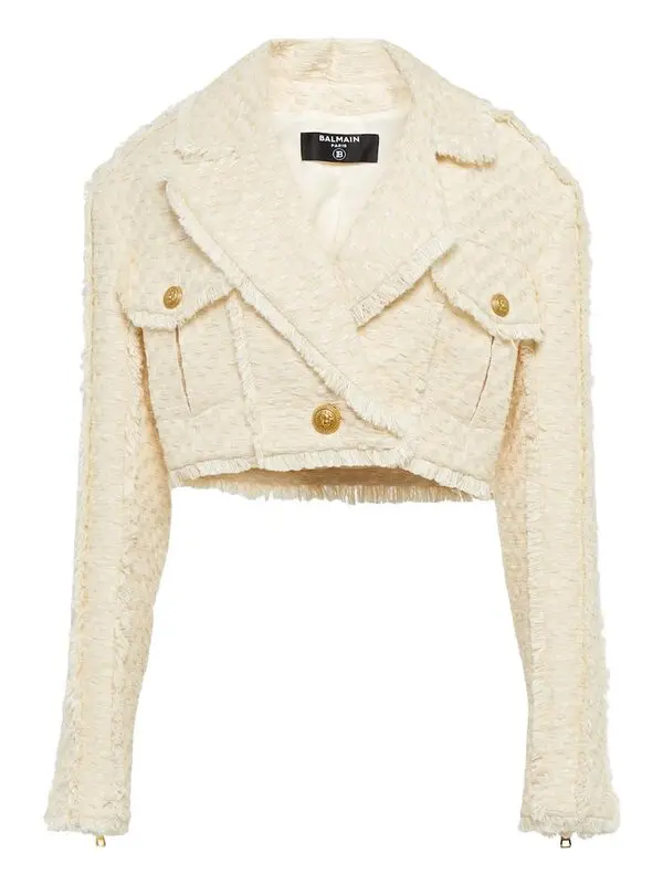 Balmain Cotton-blend Tweed Cropped Jacket - White