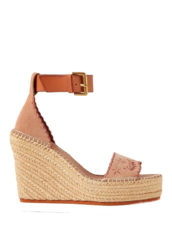 See By Chloé Glyn Leather-trimmed Embroidered Suede Espadrille Sandals - Neutrals