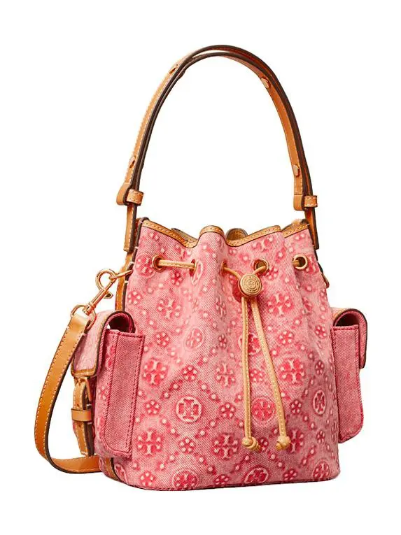 Tory Burch T Monogram Denim Bucket Bag - Brilliant Red