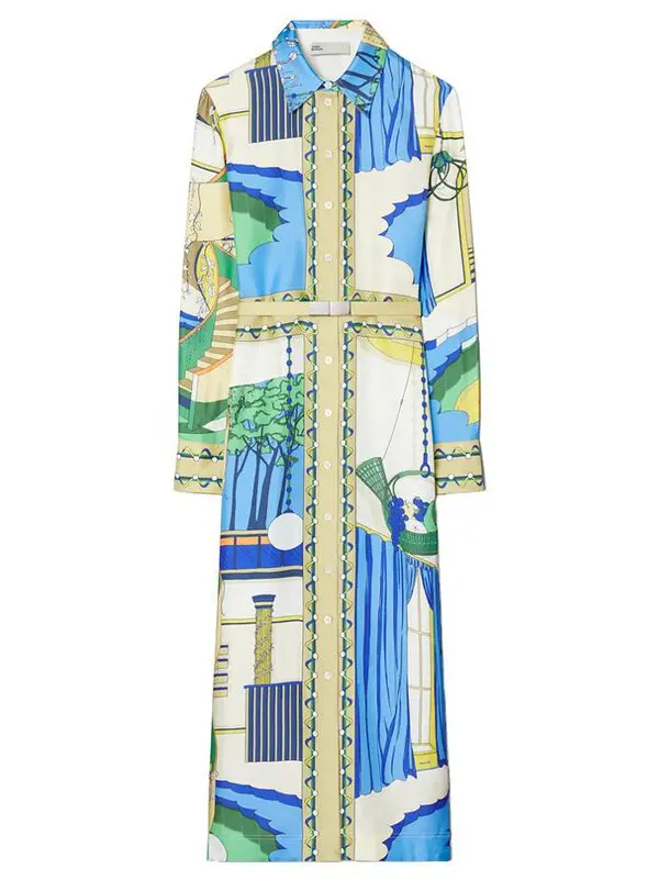 Tory Burch Printed Silk Shirtdress - The Pool Blue
