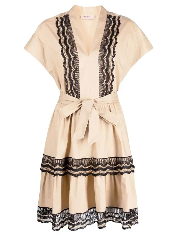 TWINSET Lace Detail Belted Dress - Neutrals
