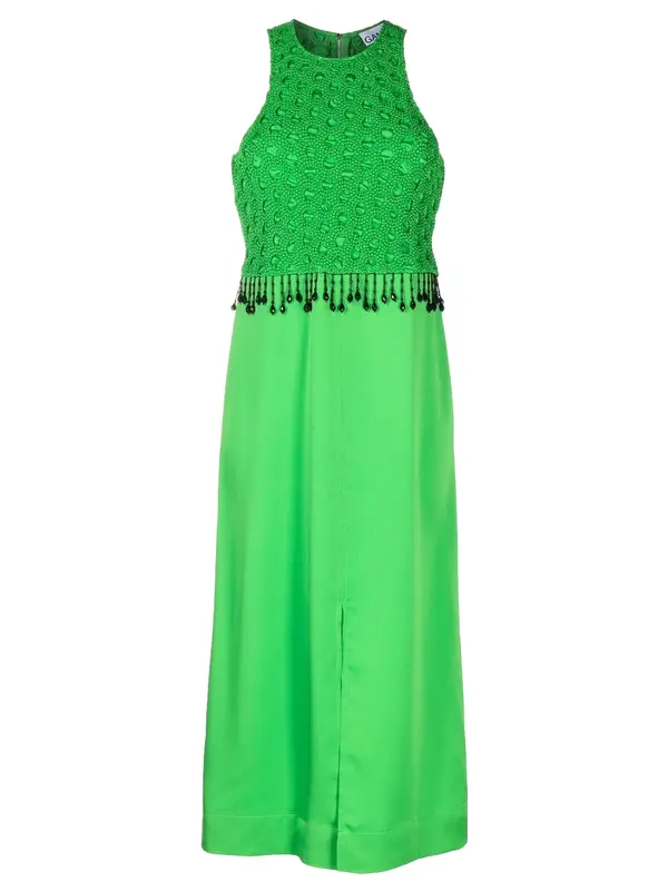 GANNI Smocked Satin Midi Dress - Green