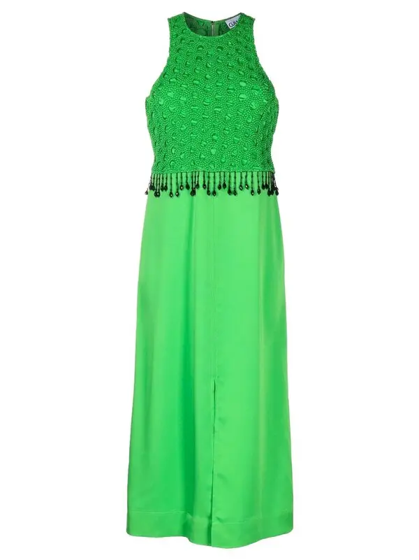 GANNI Smocked Satin Midi Dress - Green