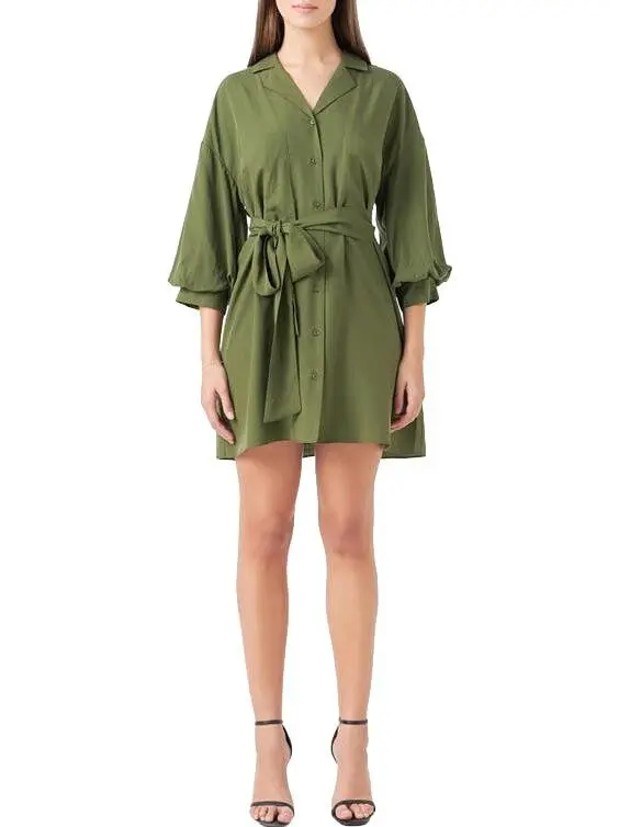 Endless Rose Tie Waist Mini Shirt Dress - Olive
