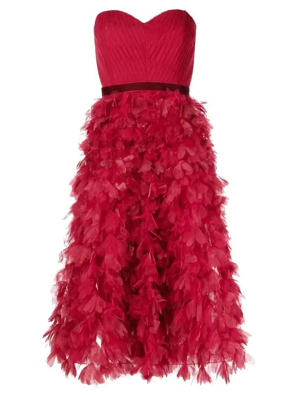 Marchesa Strapless Ruffled Midi Dress - Red