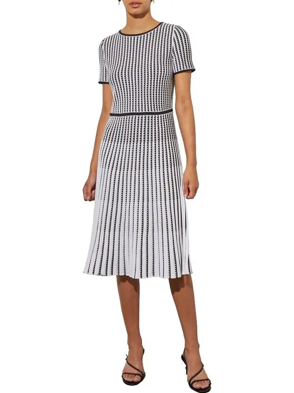 Ming Wang Grid Stripe Flare Knit Dress - White/black