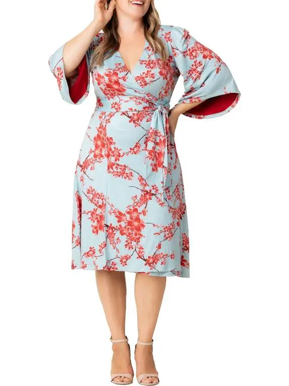 KIYONNA Gemini Floral Wrap Dress With Bell Sleeves - Cherry Blossom Print
