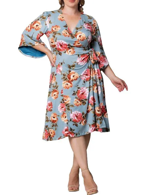 KIYONNA Gemini Floral Wrap Dress With Bell Sleeves - English Tea Rose