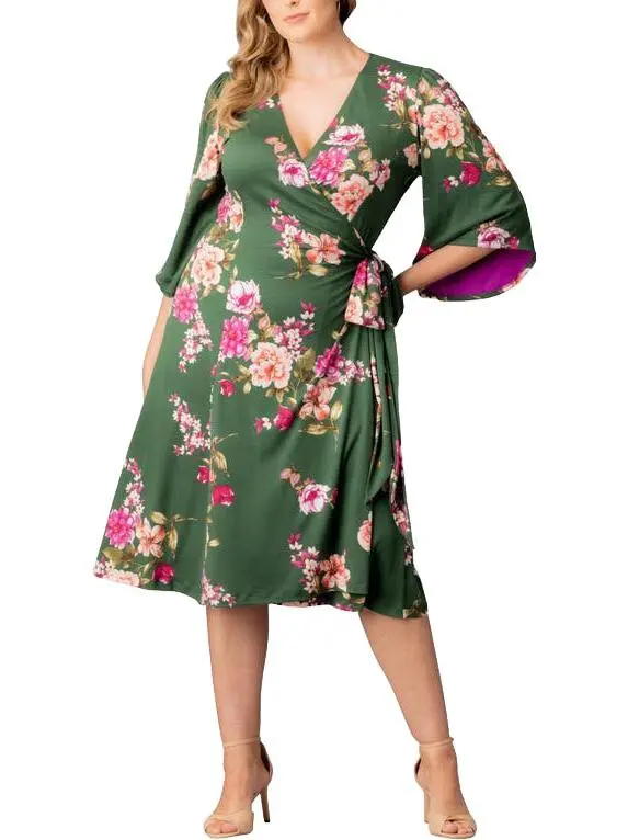 KIYONNA Gemini Floral Wrap Dress With Bell Sleeves - Green Floral Print