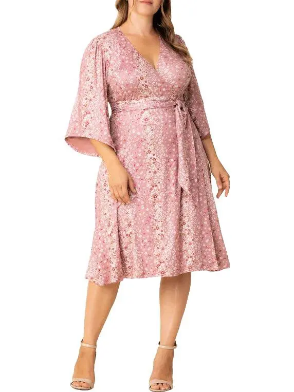 KIYONNA Gemini Floral Wrap Dress With Bell Sleeves - Pink Floral Falls