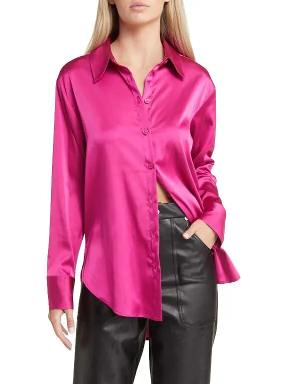 OPEN EDIT Satin Button-up Shirt - Pink Fuchsia