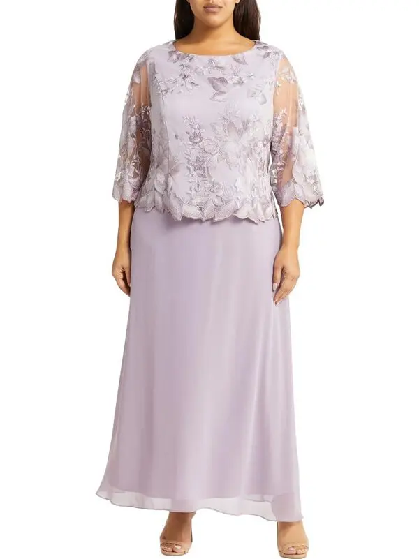 Alex Evenings Floral Embroidered Overlay Gown - Smokey Orchid