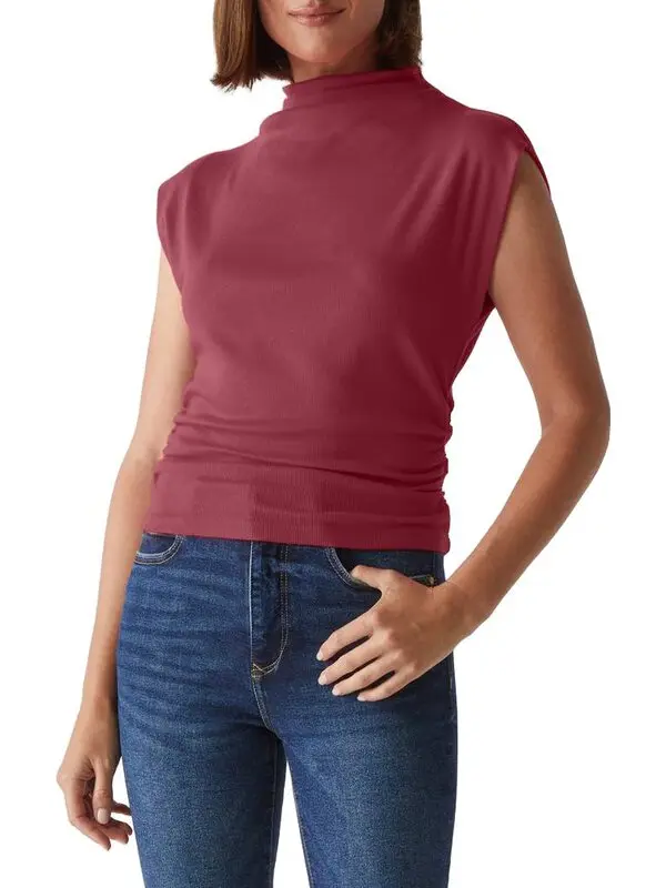 Michael Stars Amara Ruched Cowl Neck Rib T-shirt - Carmine