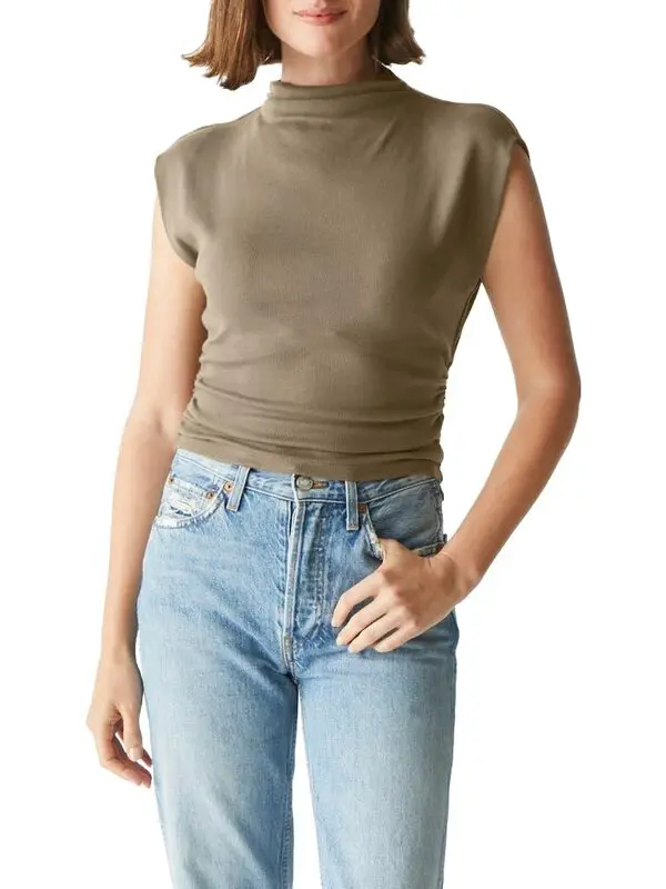 Michael Stars Amara Ruched Cowl Neck Rib T-shirt - Olive